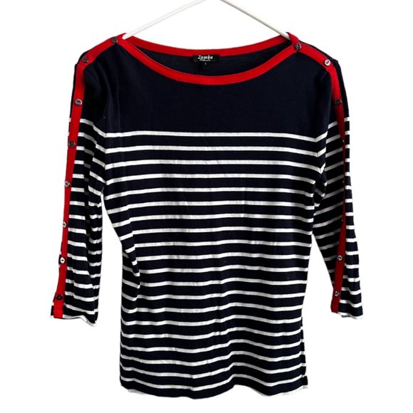 Tops | French 10 Cotton Navy White And Red Striped Breton Top | Poshmark